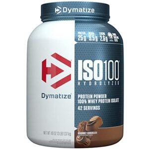 dymatize iso100 hydrolyzed protein powder, 100% whey isolate protein, 25g of protein, 5.5g bcaas, gluten free, fast absorbing, easy digesting, gourmet chocolate, 3 pound