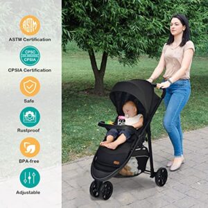 BABY JOY Jogging Stroller, Jogger Travel System with 5-Point Safety Harness, Adjustable Canopy/Backrest/Footrest, Storage Basket & Pocket, Lightweight Baby Stroller for Newborn Toddlers (Black)