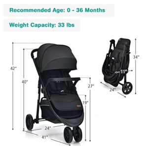 BABY JOY Jogging Stroller, Jogger Travel System with 5-Point Safety Harness, Adjustable Canopy/Backrest/Footrest, Storage Basket & Pocket, Lightweight Baby Stroller for Newborn Toddlers (Black)