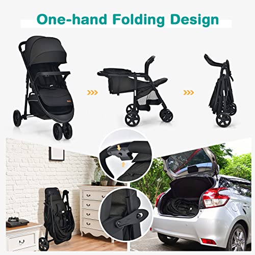 BABY JOY Jogging Stroller, Jogger Travel System with 5-Point Safety Harness, Adjustable Canopy/Backrest/Footrest, Storage Basket & Pocket, Lightweight Baby Stroller for Newborn Toddlers (Black)