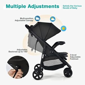 BABY JOY Jogging Stroller, Jogger Travel System with 5-Point Safety Harness, Adjustable Canopy/Backrest/Footrest, Storage Basket & Pocket, Lightweight Baby Stroller for Newborn Toddlers (Black)