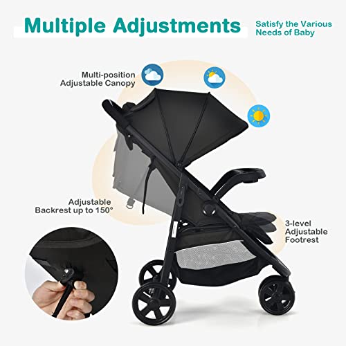 BABY JOY Jogging Stroller, Jogger Travel System with 5-Point Safety Harness, Adjustable Canopy/Backrest/Footrest, Storage Basket & Pocket, Lightweight Baby Stroller for Newborn Toddlers (Black)