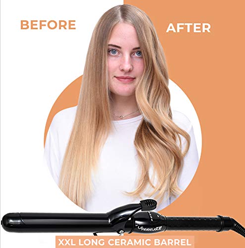 Le Angelique 1.5 Inch Curling Iron with Clip - Professional 8" Extra Large Barrel for Big Long Hair | 1 1/2" 38mm Jumbo Wide Thick Ceramic Curler Wand | Adjustable Temperature | Dual Voltage