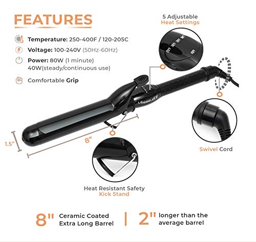 Le Angelique 1.5 Inch Curling Iron with Clip - Professional 8" Extra Large Barrel for Big Long Hair | 1 1/2" 38mm Jumbo Wide Thick Ceramic Curler Wand | Adjustable Temperature | Dual Voltage