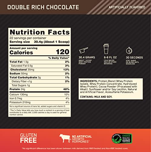 Optimum Nutrition Gold Standard 100% Whey Protein Powder, Double Rich Chocolate 1 Pound (Packaging May Vary)