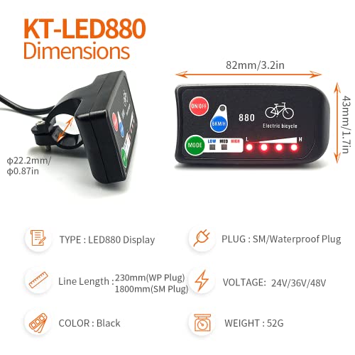 Electric Bicycle Display 36V 48V,KT LED-880 E Bike Display Matches Controller for Ebike Accessories(LED880 Waterproof Plug)