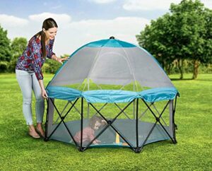 regalo my play deluxe extra large portable play yard indoor and outdoor, bonus kit, includes a full canopy, washable, teal, 8-panel