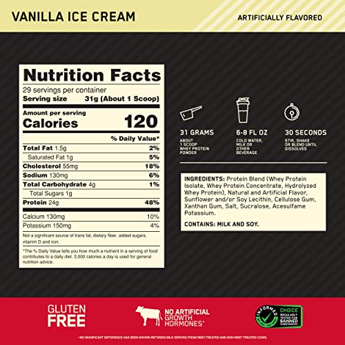 Optimum Nutrition Gold Standard 100% Whey Protein Powder, Vanilla Ice Cream, 2 Pound (Packaging May Vary)