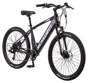 schwinn amalgam adult electric bike, 18.5-inch hybrid aluminum frame, 7 speed, 27.5-inch wheels, matte black