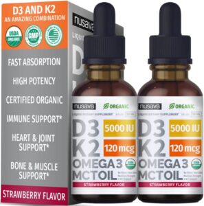 (2 pack) organic vitamin d3 k2 drops w mct oil omega 3, 5000 iu, maximum strength vitamin d liquid 5000 iu, no fillers, non-gmo liquid d3 for faster absorption, immune support (strawberry, 2 fl oz)