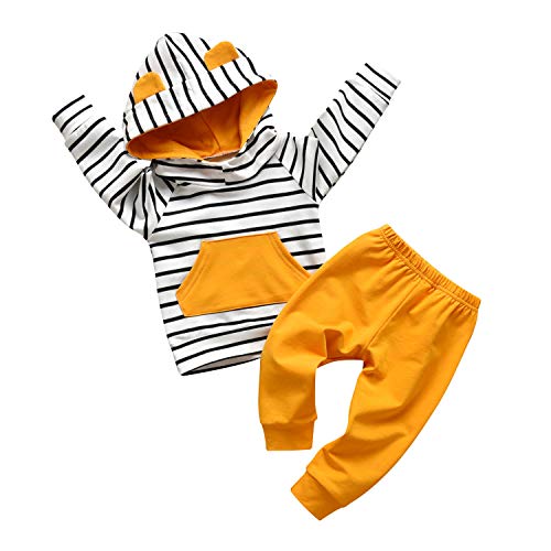 Rebey Toddler Infant Baby Boy Clothes Striped Long Sleeve Hoodie Tops Sweatsuit Pants Outfit Set (12-18 Months) Yellow