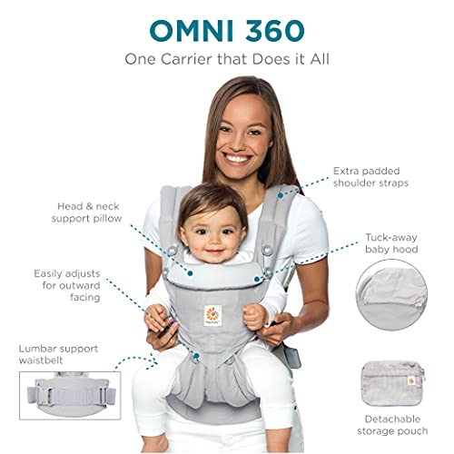 Ergobaby Omni 360 All-Position Baby Carrier for Newborn to Toddler with Lumbar Support (7-45 Pounds), Pearl Grey, One Size (Pack of 1)