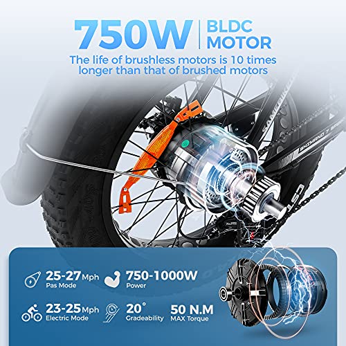 SAMEBIKE 750W Electric Bikes for Adults Up to 65 Miles EBike 4.0" Fat Tire Electric Bike 27 Mph Moped Electric Mountain Bike with 48V 13Ah Battery, Shimano 7 Speed, USB Display