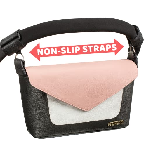 Vegan Leather Non Slip Universal Stroller Organizer With Cup Holder - Interchangeable Cover (PINK). Stroller Bag Organizer Caddy For Uppababy Vista Cruz Nuna Baby Jogger Bob Britax Bugaboo Graco Stroller Accessories Parent Console…