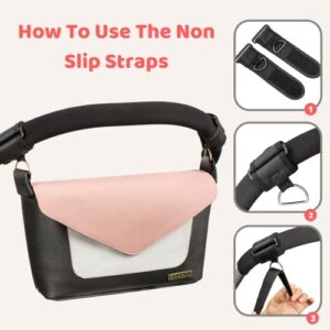 Vegan Leather Non Slip Universal Stroller Organizer With Cup Holder - Interchangeable Cover (PINK). Stroller Bag Organizer Caddy For Uppababy Vista Cruz Nuna Baby Jogger Bob Britax Bugaboo Graco Stroller Accessories Parent Console…