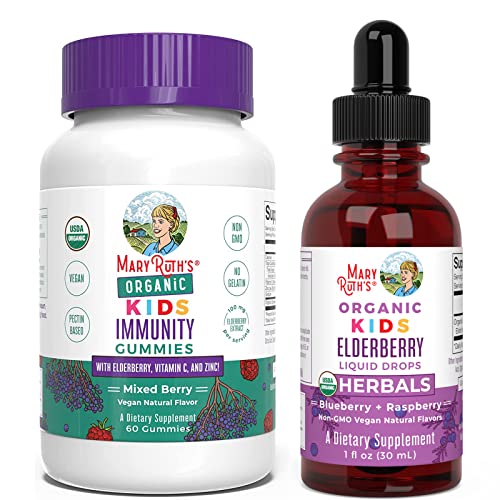 USDA Organic Kids Immune Support Gummies & Elderberry Liquid Drops (Blueberry Raspberry) Bundle by MaryRuth's | Vitamin C, Zinc, and Elderberry Gummies | Immune Support & Overall Health for Kids