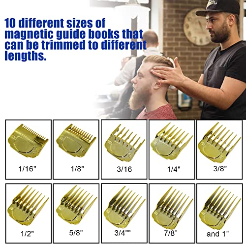 10 Pack Clipper Guards Cutting Guides Compatible With Wahl Clipper with Magnetic Clip/Color Coded-From 1/16 Inch To 1 Inch(1.5-25mm)，Fits All Full Size Compatible with Wahl Clippers (Golden)