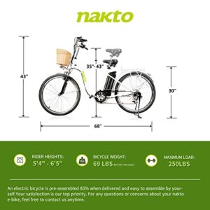 NAKTO Electric Bike 26" Electric Bicycle for Adults 250W Brushless Gear Motor 6-Speed Gear E-Bike with Removable Waterproof Large Capacity 36V10.4A Lithium Battery and Battery Charger