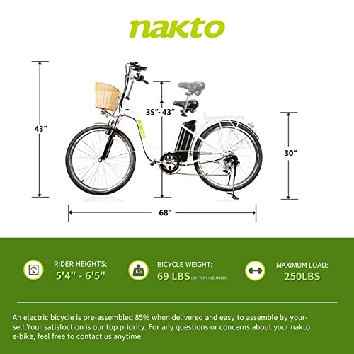 NAKTO Electric Bike 26" Electric Bicycle for Adults 250W Brushless Gear Motor 6-Speed Gear E-Bike with Removable Waterproof Large Capacity 36V10.4A Lithium Battery and Battery Charger