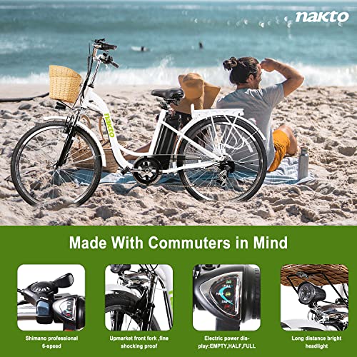 NAKTO Electric Bike 26" Electric Bicycle for Adults 250W Brushless Gear Motor 6-Speed Gear E-Bike with Removable Waterproof Large Capacity 36V10.4A Lithium Battery and Battery Charger