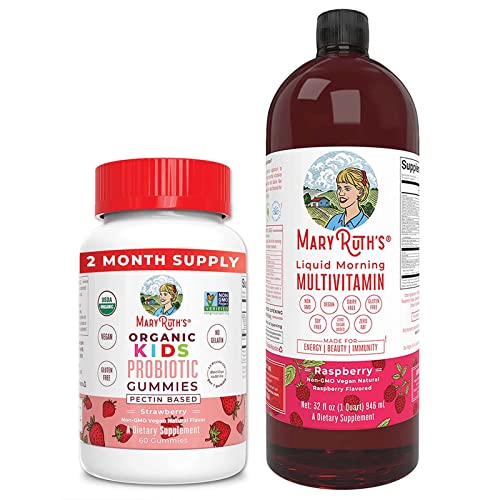 Liquid Morning Multivitamin Raspberry Kids & Probiotic USDA Organic Gummies Bundle by MaryRuth's | Immune Support | Kids Digestive & Gut Health Supplement for Men, Women & Kids