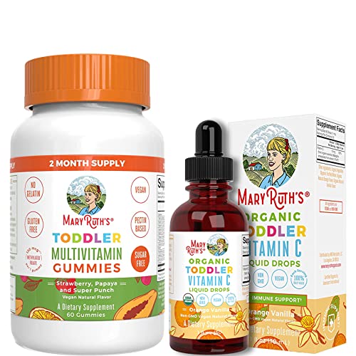 Toddler Multivitamin Gummies & USDA Organic Vitamin C Liquid Drops for Toddler Bundle by MaryRuth's | Vitamin C, D3, Zinc | Immune Support & Overall Health | Vegan | Non-GMO | Gluten Free