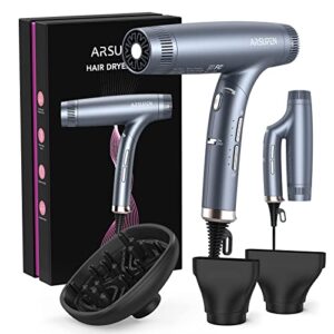 arsupen professional hair dryer with powerful brushless motor, lightweight foldable dual ionic blow dryer, high speed for fast drying with magnetic nozzle, 12 modes, super quiet, for travel salon home