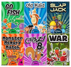 regal games – kids classic card games – includes old maid, go fish, slapjack, crazy 8’s, war, and silly monster memory match- for family game nights, parties – set of 6 games