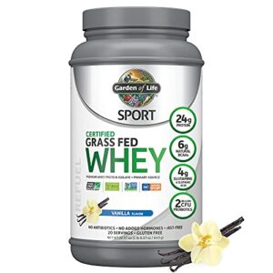 garden of life sport whey protein powder vanilla, premium grass fed whey protein isolate plus probiotics for immune system health, 24g protein, non gmo, gluten free, cold processed – 20 servings