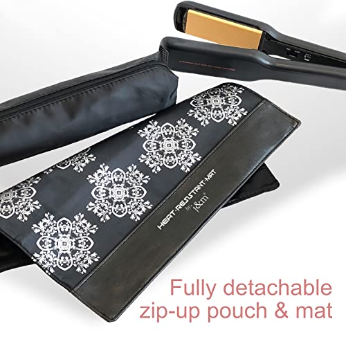 Hair Straighteners Vegan Leather Case & Roll Mat by j&m - Stylish Pouch & Zip-Up Bag with Detachable Mat for Protecting Surfaces - Fits ghd, BaByliss & Others (Rose Gold)