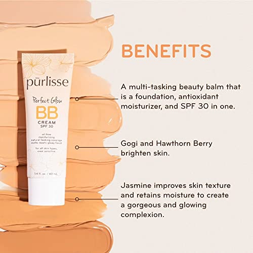 purlisse Perfect Glow BB Cream SPF 30: Clean & Cruelty-Free, Medium Flawless Coverage, Hydrates with Jasmine | Light 1.4oz