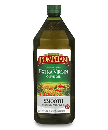 Pompeian Smooth Extra Virgin Olive Oil, First Cold Pressed, Mild and Delicate Flavor, Perfect for Sauteing and Stir-Frying, Naturally Gluten Free, Non-Allergenic, Non-GMO, 48 FL. OZ., Single Bottle