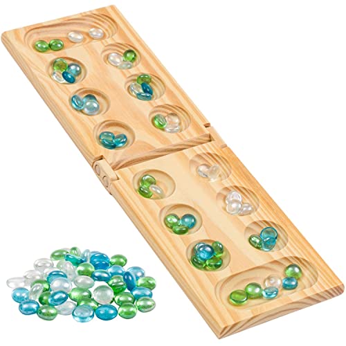 Regal Games - Wooden Mancala Board Game Set - Portable Foldable Wooden Board, 48 Glass Mancala Stones, and Mancala Instructions - for Large Groups, Parties, Travel, Family Events, Adults, and Kids