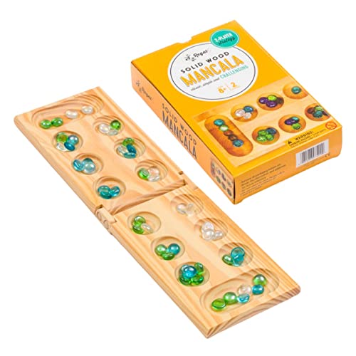 Regal Games - Wooden Mancala Board Game Set - Portable Foldable Wooden Board, 48 Glass Mancala Stones, and Mancala Instructions - for Large Groups, Parties, Travel, Family Events, Adults, and Kids