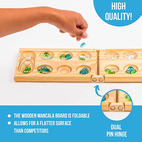 Regal Games - Wooden Mancala Board Game Set - Portable Foldable Wooden Board, 48 Glass Mancala Stones, and Mancala Instructions - for Large Groups, Parties, Travel, Family Events, Adults, and Kids