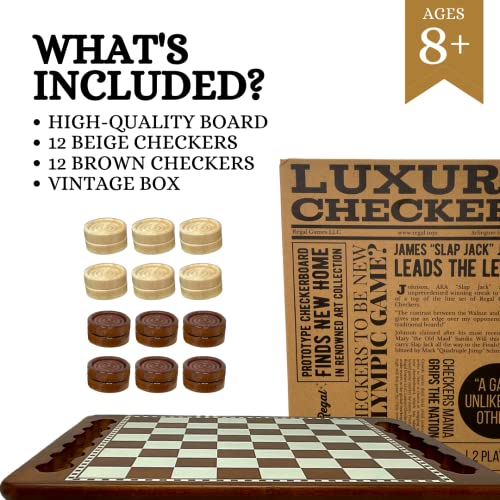 Regal Games - Luxury Checkers Board Game - Classic Tabletop Game Set - Solid Natural Pine Game Board, Interlocking Wood Checkers, Built-in Storage Grooves - Fun for Families, Kids, Parties - Ages 8+