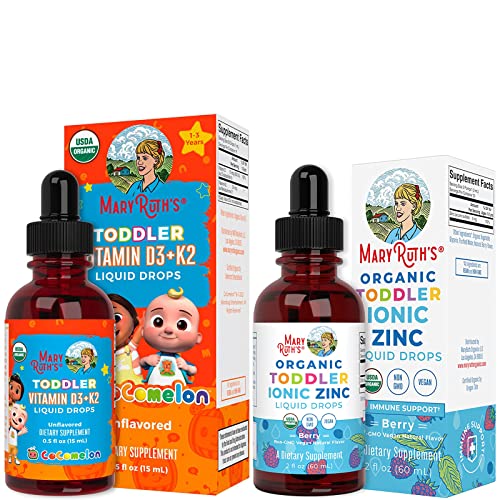 USDA Organic Cocomelon Vitamin D3 K2 Liquid Drops for Toddlers & Toddler Liquid Zinc Bundle by MaryRuth's | Calcium Absorption | Strong Bones | Zinc Sulfate for Immune Support | Vegan