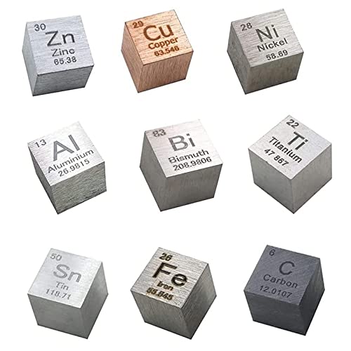 0.39" Element Cube - Set of 9 Metal Density Cubest Include Zinc Tin Copper Iron Aluminum Carbon Titanium Nickel Bismuth for Labs and Collections