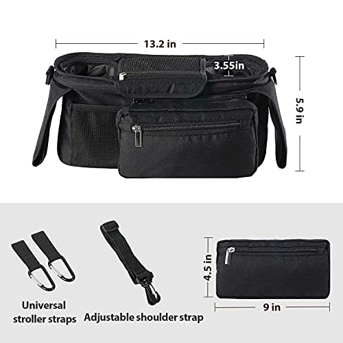 Stroller Organizer with Cup Holder, Universal Large Capacity Portable Black Accessories Caddy Bag, Fits for Doona Baby Jogger Trend Nuna Uppababy Vista V2 Graco Bob and All Other Strollers