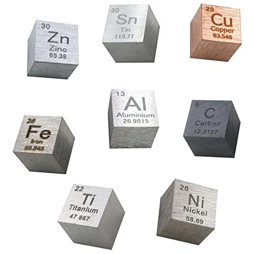 0.39" Element Cube - Set of 8 Metal Density Cubest Include Titanium Carbon Nickel Iron Copper Zinc Aluminium Tin for Labs and Collections