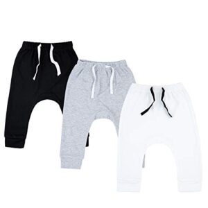 sobowo newborn baby boy girl 3-pack joggers infant baby cotton harem pants for toddler boys girls interlock 195 gsm (0-3 months, black/white/grey)