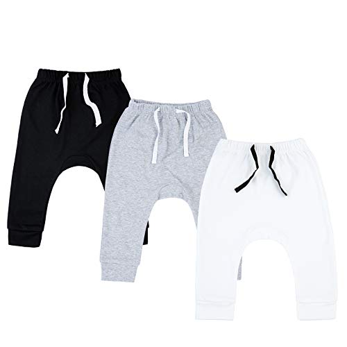 SOBOWO Newborn Baby Boy Girl 3-Pack Joggers Infant Baby Cotton Harem Pants for Toddler Boys Girls Interlock 195 GSM (0-3 Months, Black/White/Grey)