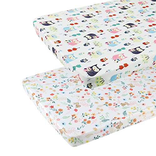 Pack n Play Fitted Sheets for Baby Girl 2 Pack Set Soft Jersey Knit Sheets for Mini Crib Mattress and Playard Mattress, Rabbit Floral and Owl Printing