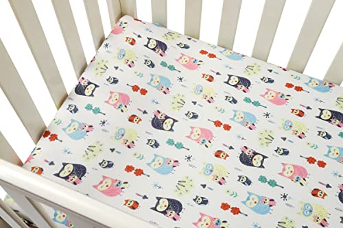 Pack n Play Fitted Sheets for Baby Girl 2 Pack Set Soft Jersey Knit Sheets for Mini Crib Mattress and Playard Mattress, Rabbit Floral and Owl Printing