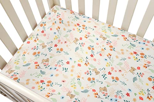 Pack n Play Fitted Sheets for Baby Girl 2 Pack Set Soft Jersey Knit Sheets for Mini Crib Mattress and Playard Mattress, Rabbit Floral and Owl Printing