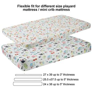 Pack n Play Fitted Sheets for Baby Girl 2 Pack Set Soft Jersey Knit Sheets for Mini Crib Mattress and Playard Mattress, Rabbit Floral and Owl Printing