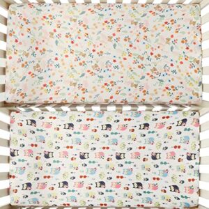 Pack n Play Fitted Sheets for Baby Girl 2 Pack Set Soft Jersey Knit Sheets for Mini Crib Mattress and Playard Mattress, Rabbit Floral and Owl Printing