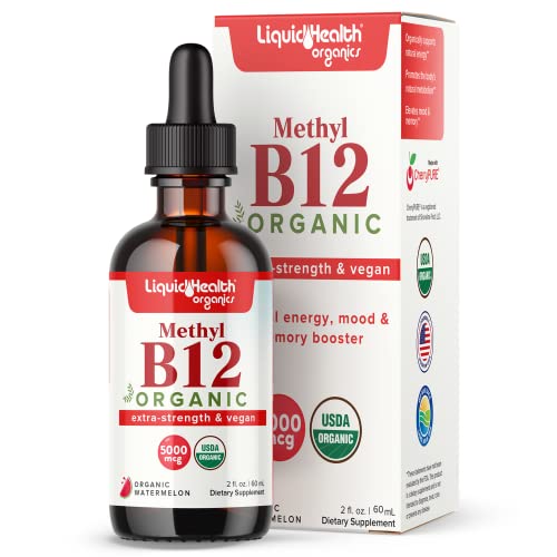 LIQUIDHEALTH Methyl Vitamin B12 Organic Liquid Pure Drops, Methylcobalamin Energy Boost, Focus Improve Memory, Natural Metabolism Vegan Safe Sublingual Hydroxocobalamin, 2 Fl Oz