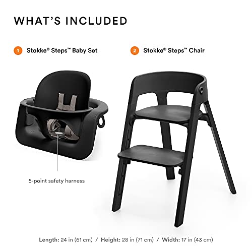 Stokke Steps High Chair, Black - 5-in-1 Seat System - Includes Baby Set - Suits Babies 6-36 Months - Chair Holds Up to 187 lbs. - Tool Free & Adjustable