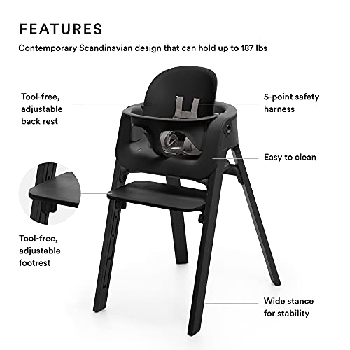 Stokke Steps High Chair, Black - 5-in-1 Seat System - Includes Baby Set - Suits Babies 6-36 Months - Chair Holds Up to 187 lbs. - Tool Free & Adjustable